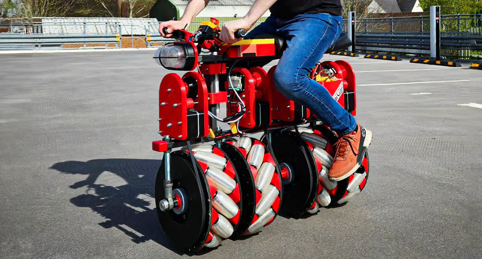 Self-balancing omnidirectional motorcycle spins, slides and glides ...